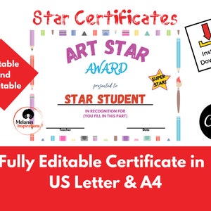 Editable School Certificates Superstar Awards Class Awards Art ...