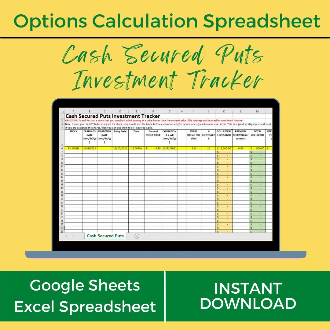 Cash Secured Puts Tracker | Options Trading Excel Spreadsheet (digital ...