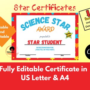Editable School Certificates Superstar Awards Class Awards Science ...