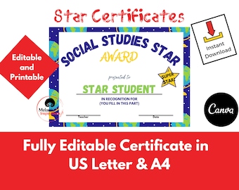 Editable Star Student Award Certificate: DIY Printable Canva Template ...