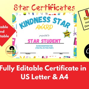 Editable School Certificates Superstar Awards Class Awards Kindness ...