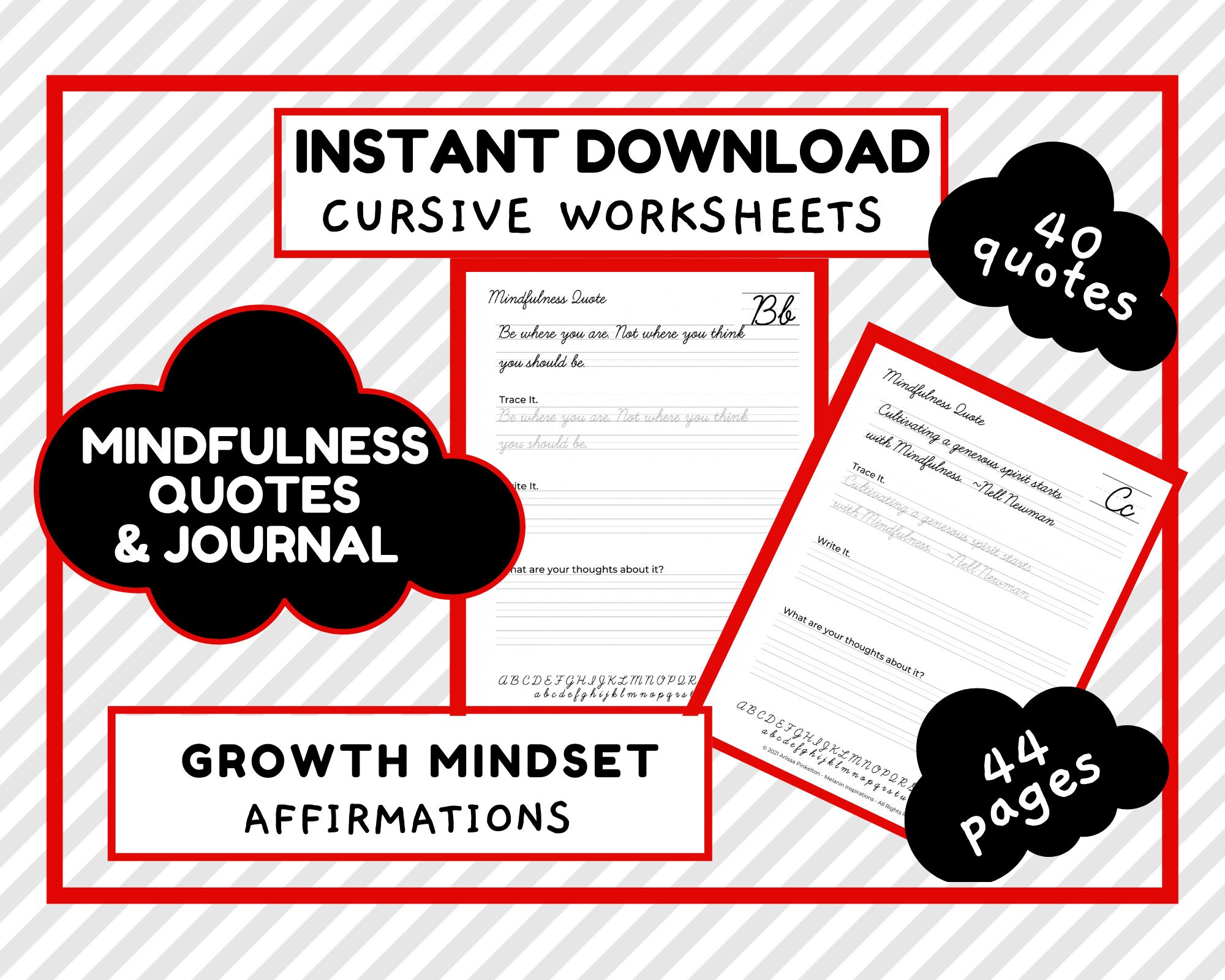 Cursive Handwriting Printable Worksheets 40 Mindfulness Quotes Journal ...