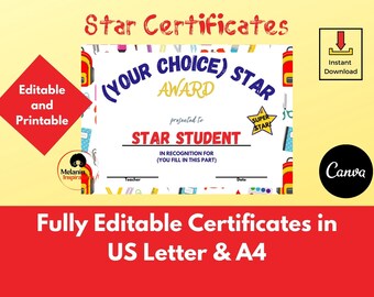 Editable School Certificates Superstar Awards Class Awards Most ...