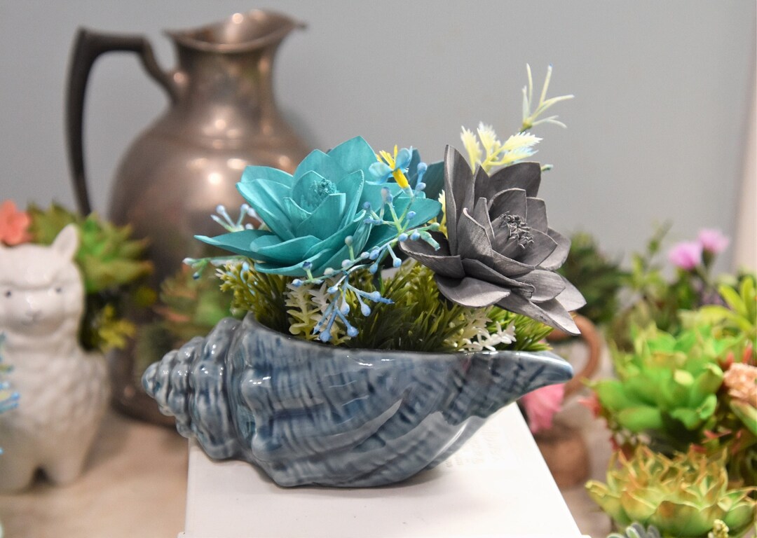 Seashell Planter With Sola Wood Flowers – Beach Theme Decor - Etsy