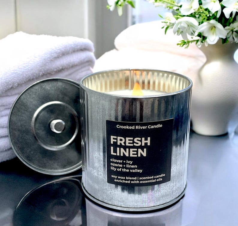 Fresh Linen | Rustic Cottage Tin With Lid | Scented Soy Candle | Wood ...
