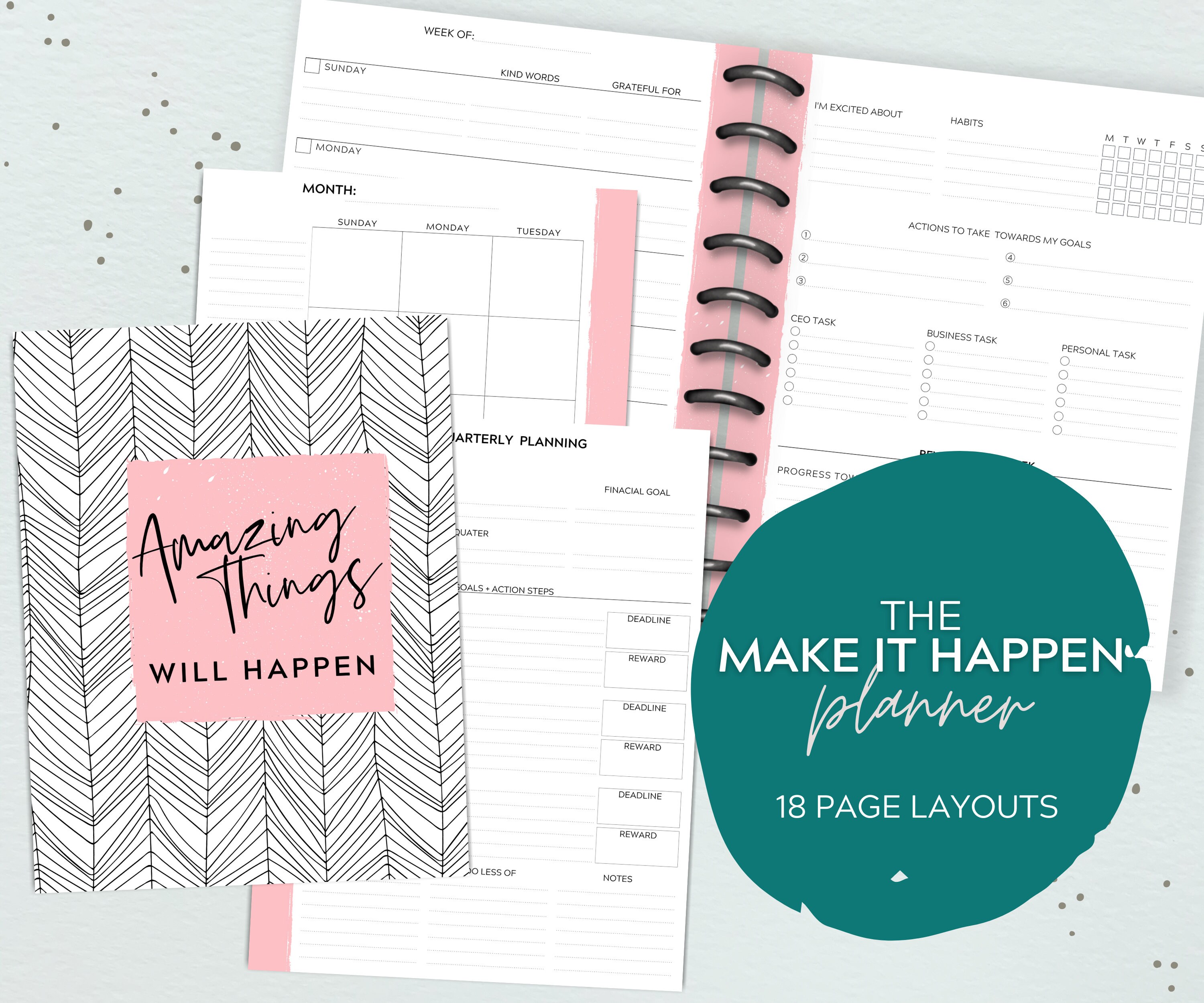 Pink Project Planner, Goal Tracker Planner, Undated Weekly Planner ...