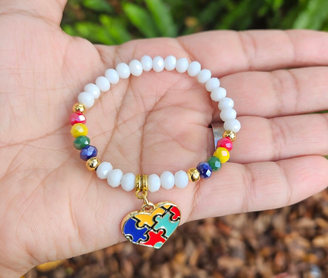 Heart Puzzle Multicolor Autism Awareness Beaded Bracelet ,glass Rainbow ...