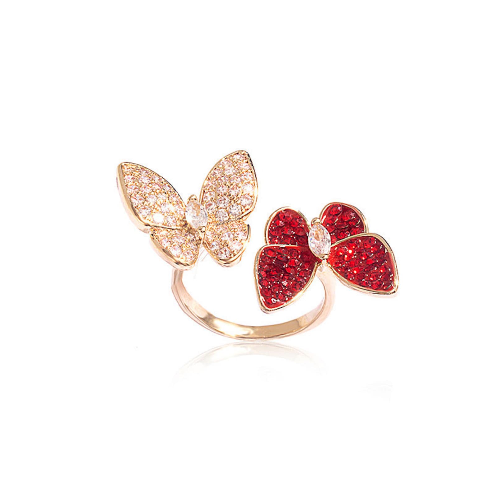 Two-color Double Butterfly Ring, CZ Diamond Ring, Adjustable Ring, Two ...