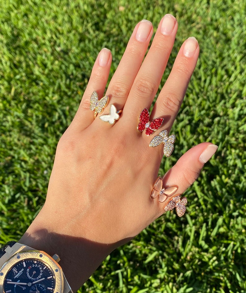 Two-color Double Butterfly Ring, CZ Diamond Ring, Adjustable Ring, Two ...