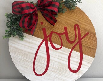 Joy Floral Wreath Wooden Round Door Hanger Sign - Etsy