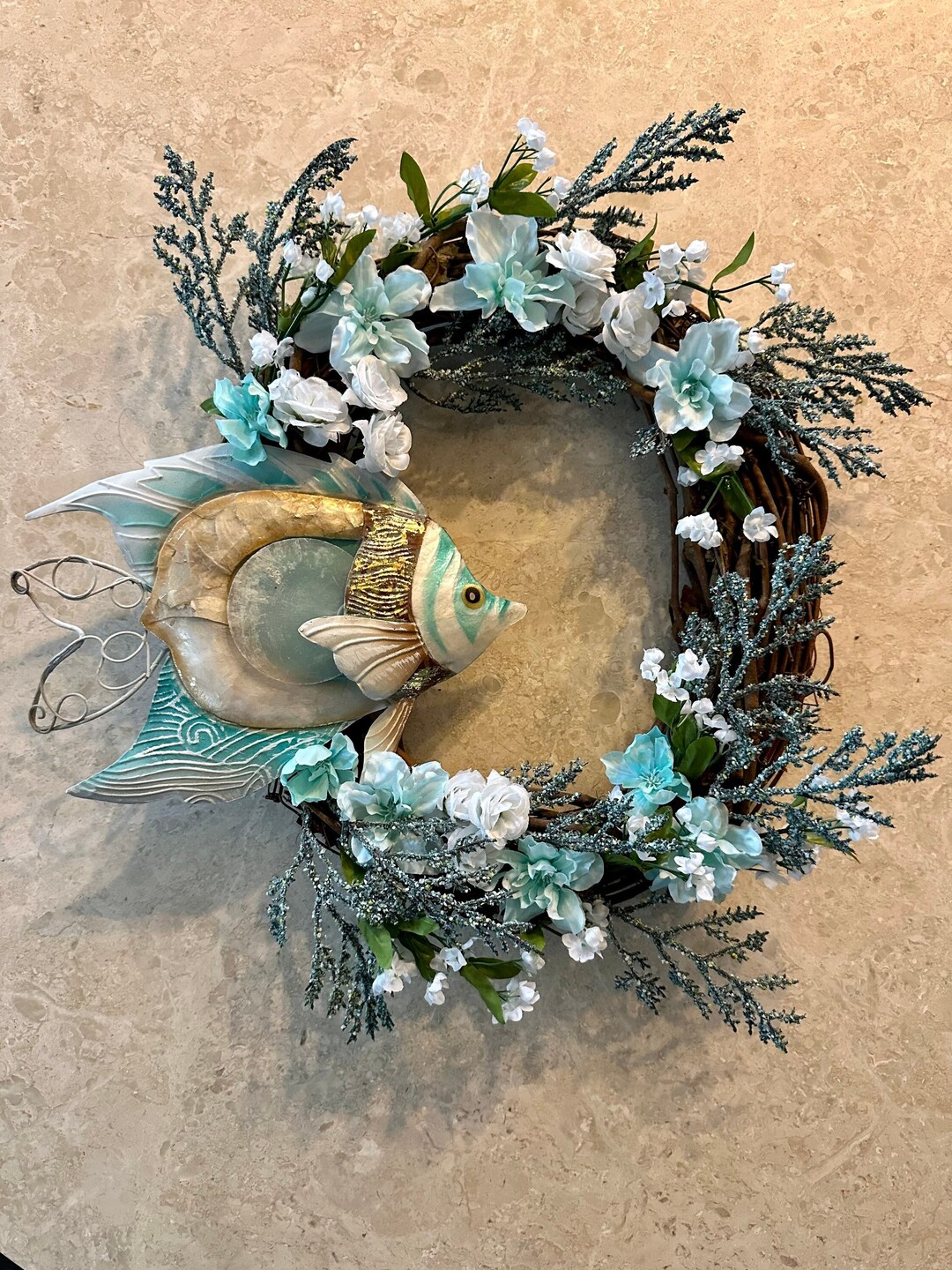 Turquoise/white/gold Fish Wreath, Sea Wreath, Ocean Wreath, Beach ...