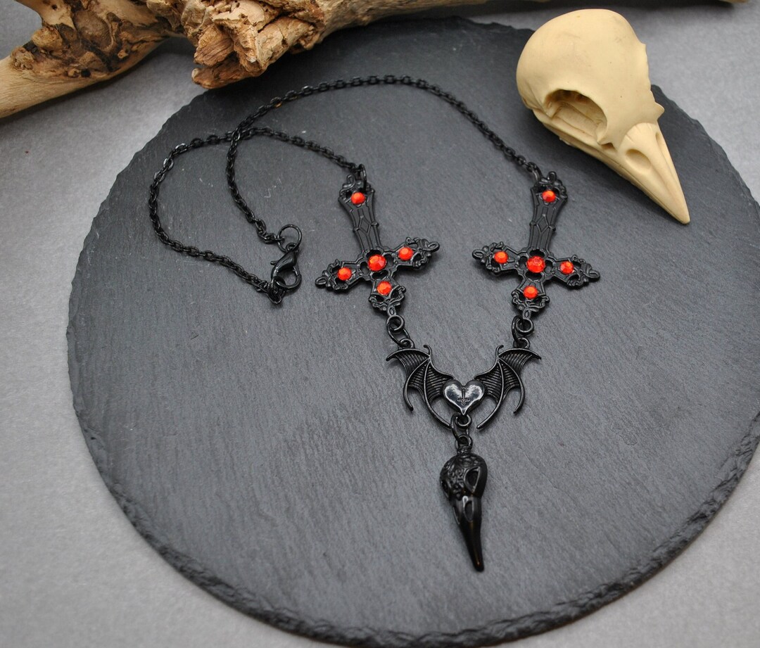 Gothic Necklace With St. Peter's Cross and Crow's Head - Etsy