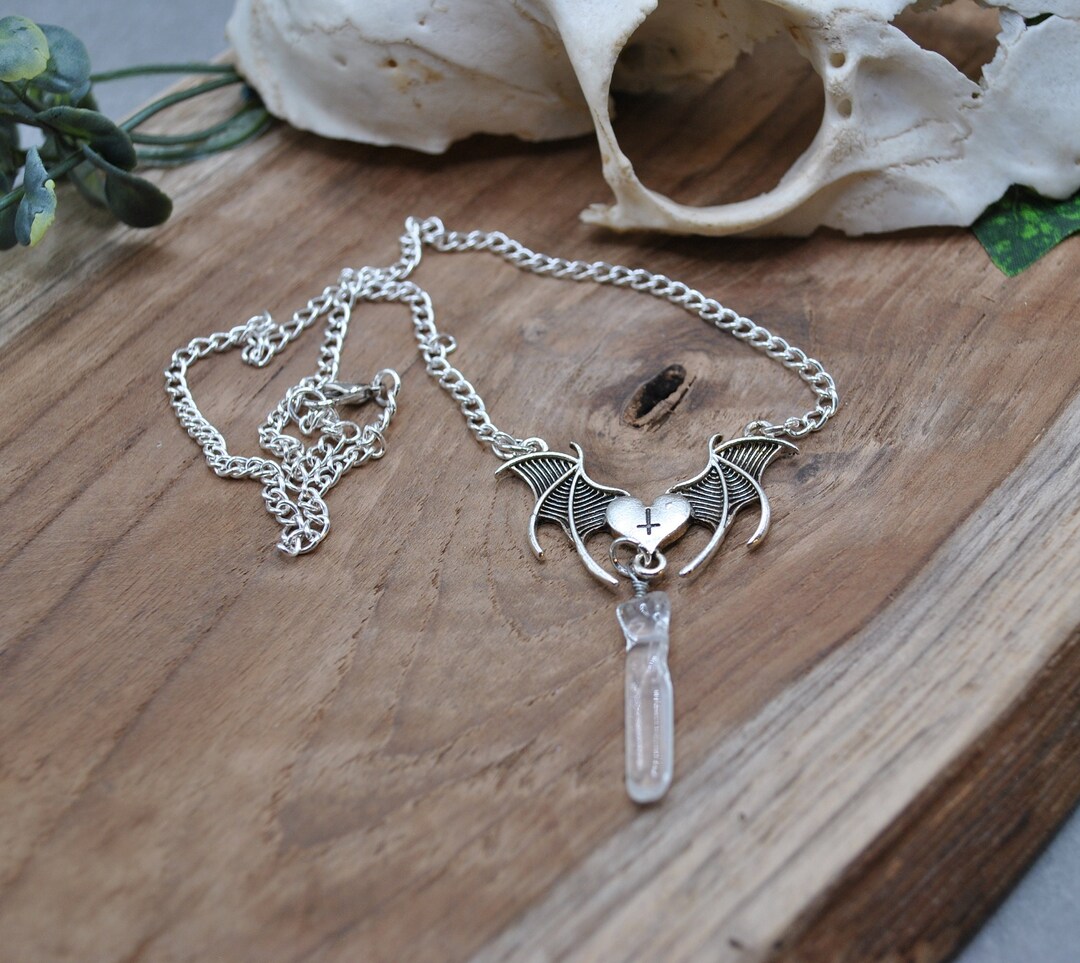 Gothic / Wicca Jewelry With Rock Crystal and Winged Heart - Etsy