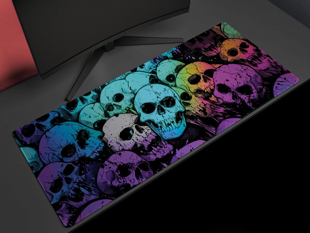 Vivid Skull Chaos, Desk Pad, Mouse Pad, Desk Mat, Vibrant Neon Skulls ...