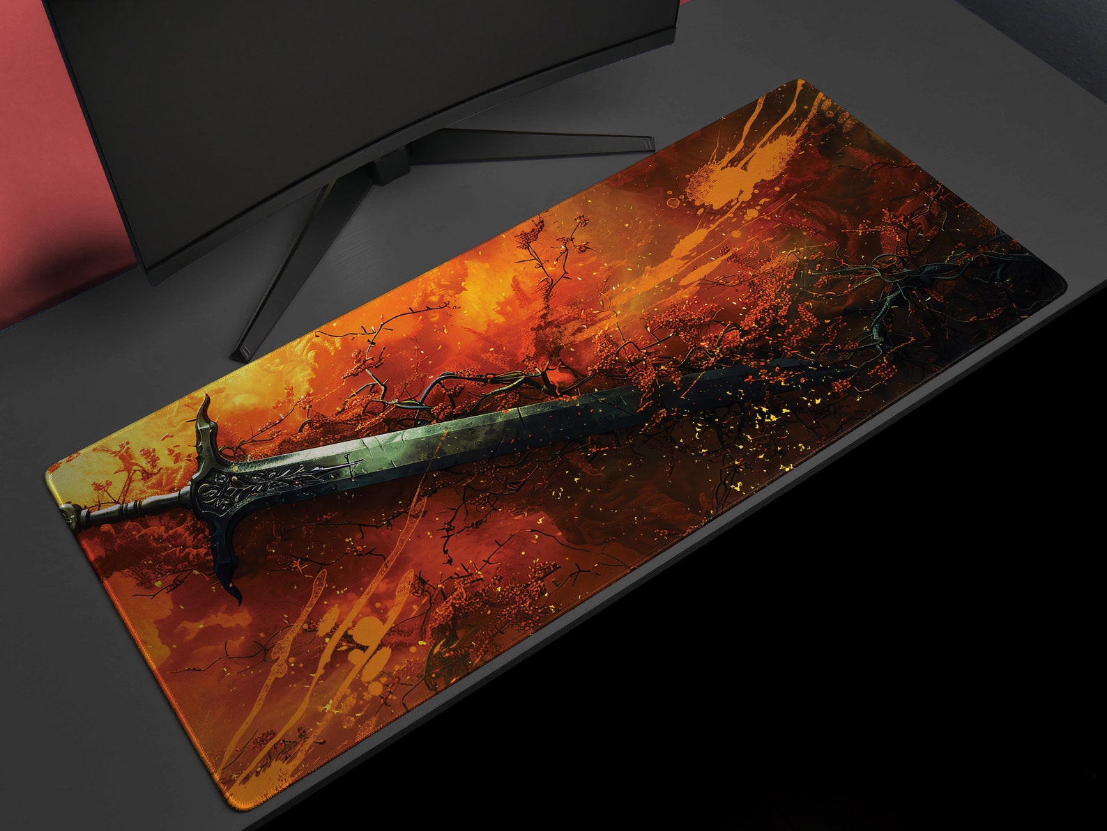 Enchanted Blade Series Design 1, Desk Pad, Mouse Pad, Desk Mat, Fiery ...