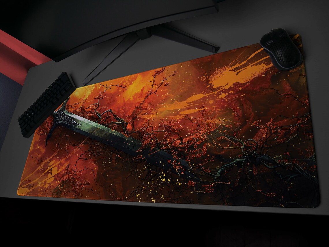 Enchanted Blade Series Design 1, Desk Pad, Mouse Pad, Desk Mat, Fiery ...
