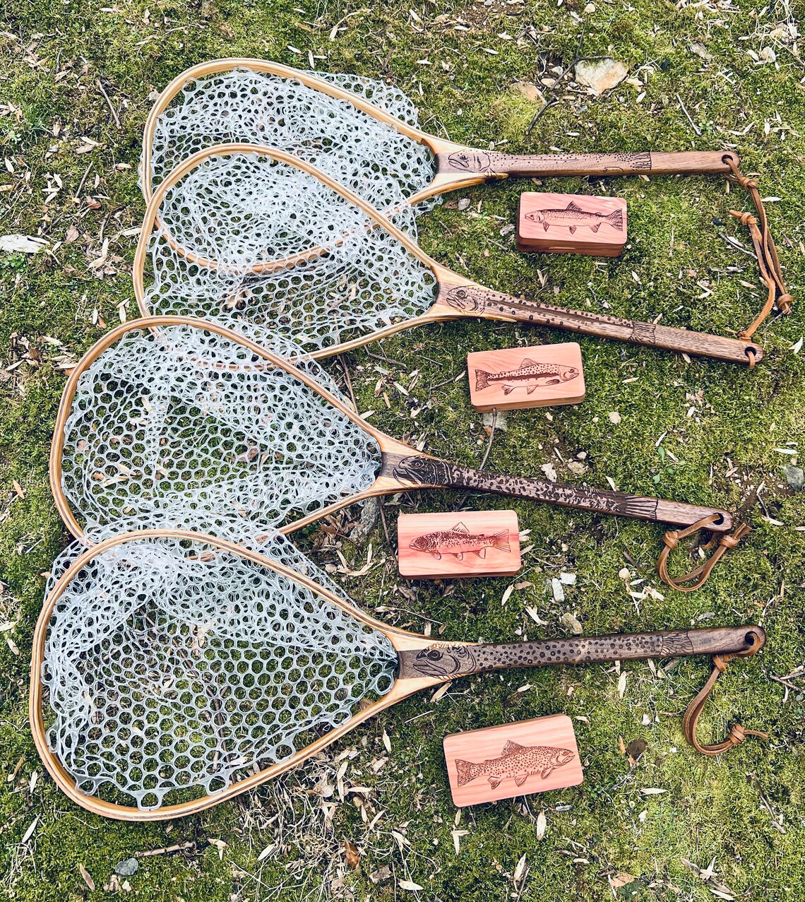 Steelhead Trout Gift Set Engraved Custom Wood Fly Fishing Net and Red ...