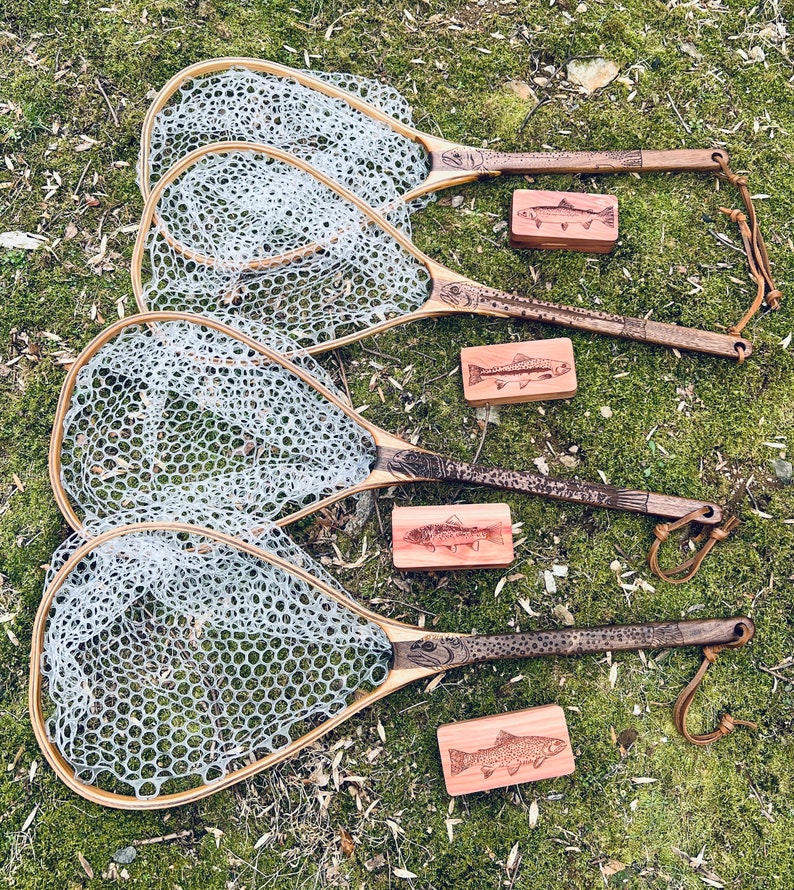 Steelhead Trout Gift Set Engraved Custom Wood Fly Fishing Net and Red ...