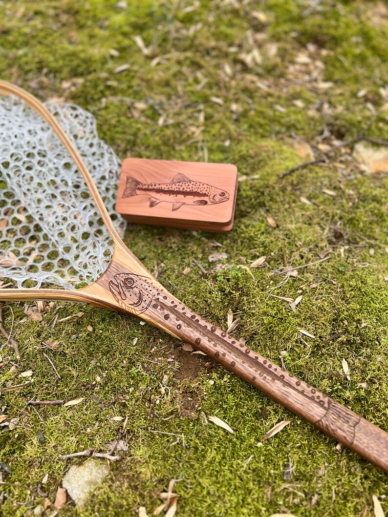 Rainbow Trout Gift Set Engraved Custom Wood Fly Fishing Net - Etsy