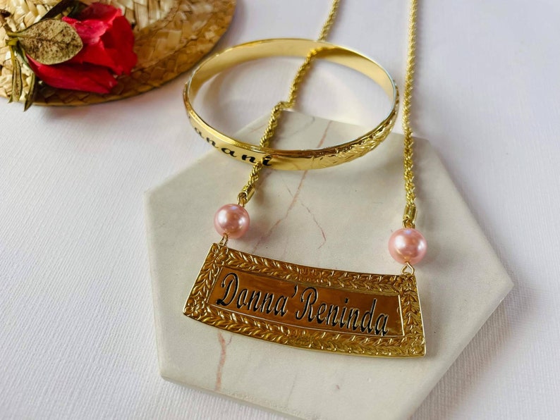 Maile Set ( Personalized Nameplate Necklace and 8mm Bangle Hawaiian ...