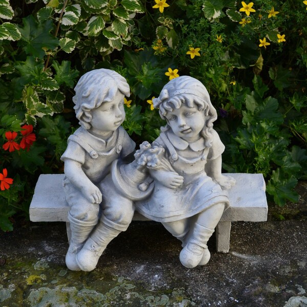 Girl and Boy on Bench Garden Statue - Etsy