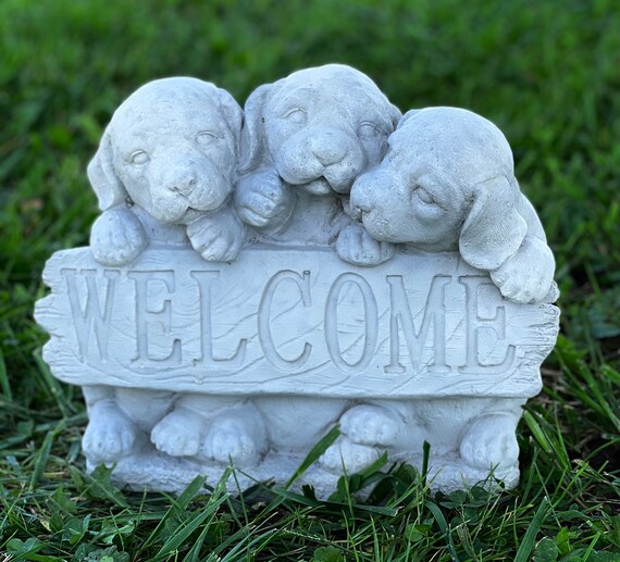 Welcome Sign Cute Puppys Figure Backyard Decor Concrete Garden - Etsy