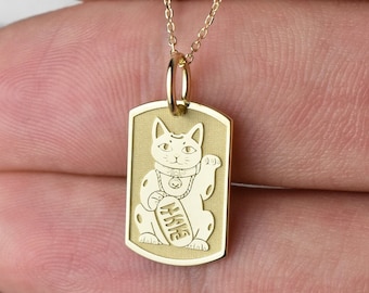 14K Real Solid Gold Maneki Neko Necklace, Waving Cat Jewelry, Lucky Cat ...