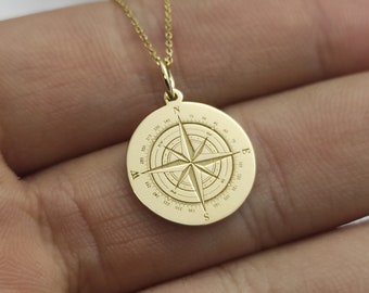 14k Solid Gold Compass Necklace , Compass Jewelry , Compass Gift ...