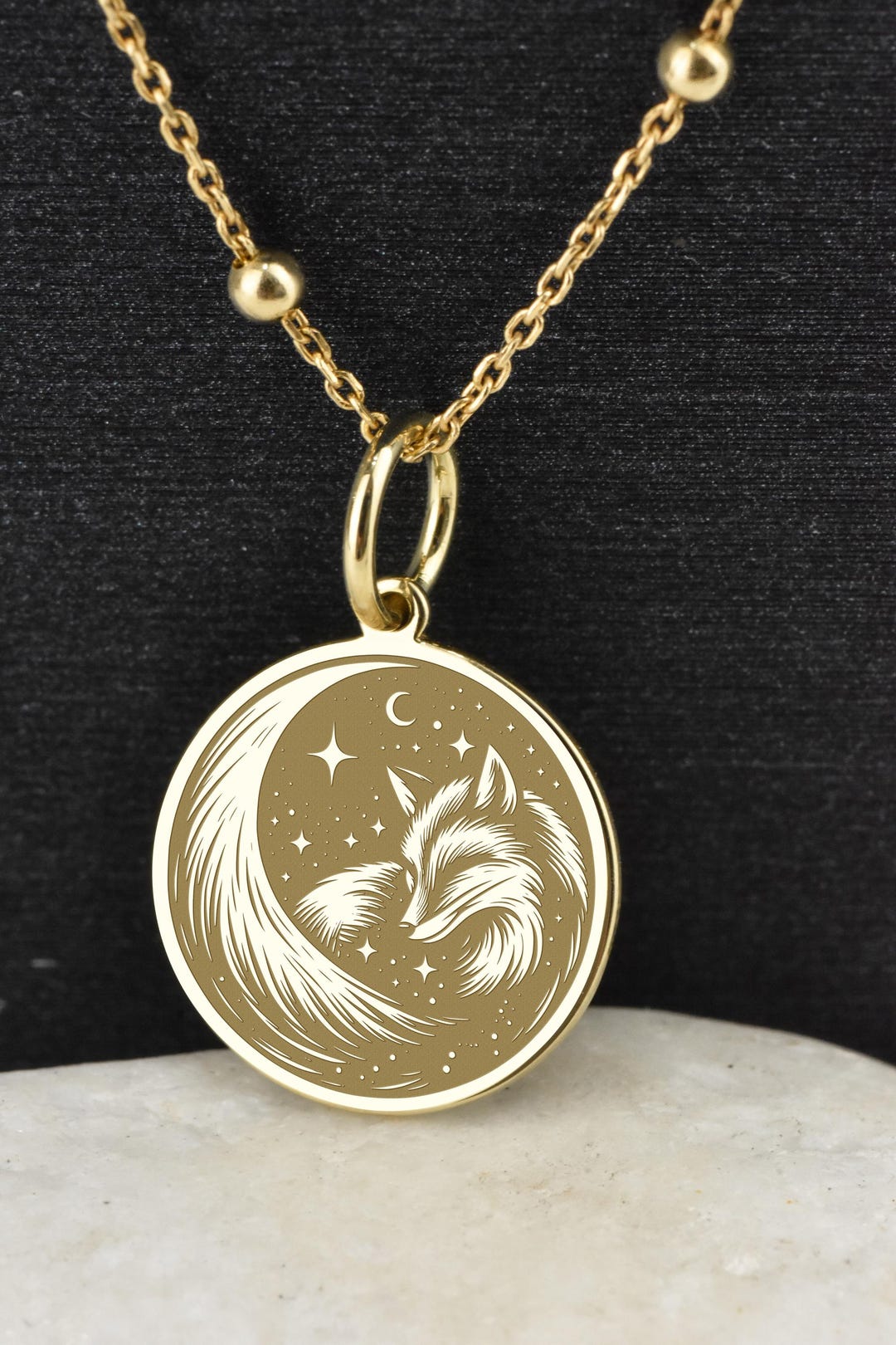 14K Gold Fox Necklace, Sly Animal Pendant, Engraved Trickster Coin ...