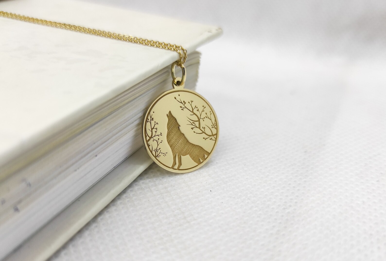 Gold Wolf Necklace 14K Solid Gold Pendant Howling Wolf | Etsy