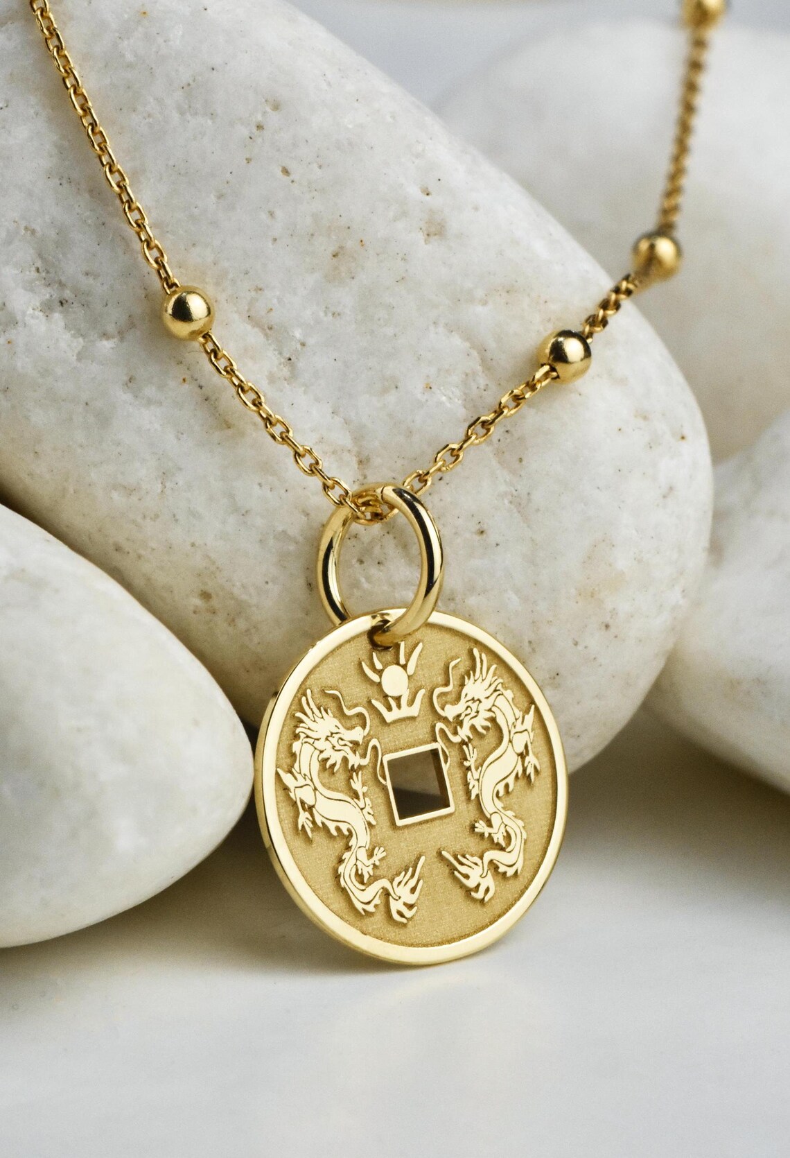 14K Solid Gold Chinese Dragon Coin Necklace, Double Dragon Coin ...