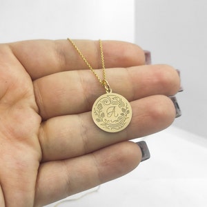 14K Solid Gold Initials Necklace, Gold Disc Letter Pendant ...