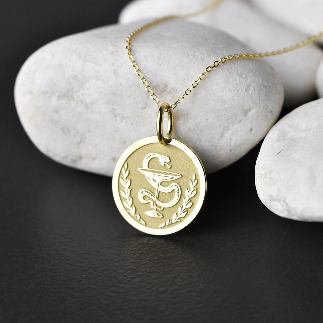 14K Solid Gold Bowl of Hygieia Necklace, Custom Pharmacist Pendant ...