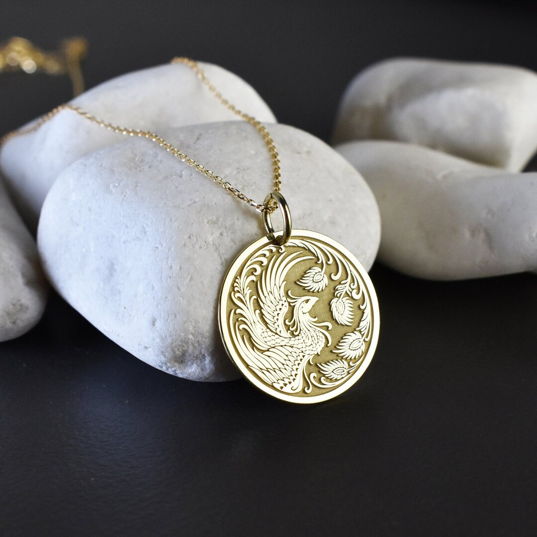 14K Solid Gold Phoenix Necklace, Gold Coin Mythology Bird Pendant ...