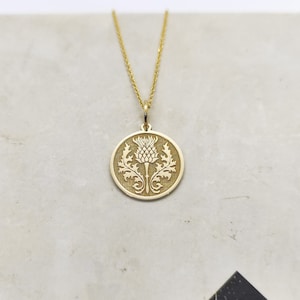 14K Solid Gold Thistle Necklace, Gold Round Scottish Thistle Jewelry ...