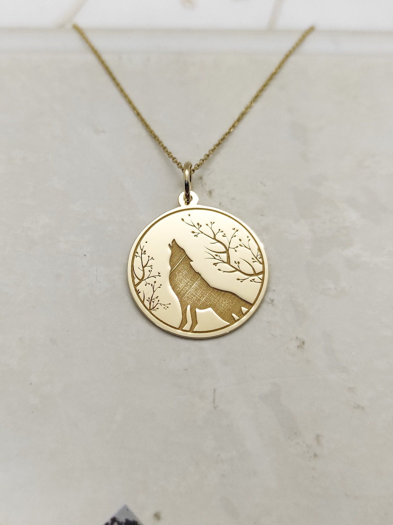 Gold Wolf Necklace 14K Solid Gold Pendant Howling Wolf - Etsy
