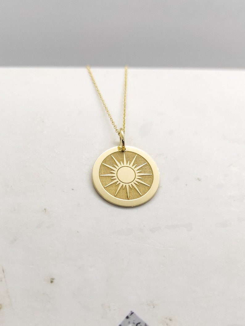 14K Solid Gold Sun Pendant, Personalized Sunburst Disc Necklace, Yellow ...