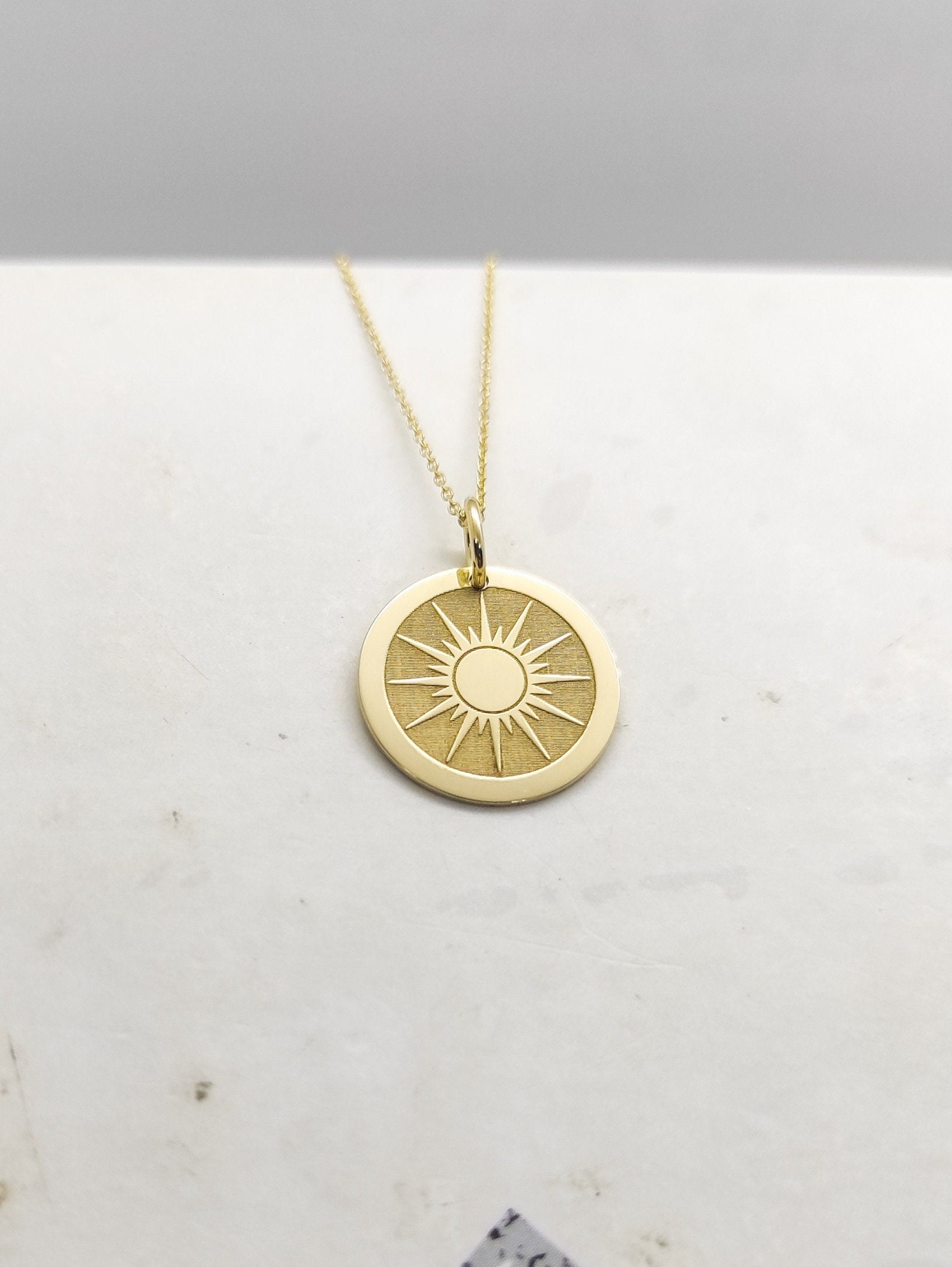 14K Solid Gold Sun Pendant, Personalized Sunburst Disc Necklace, Yellow ...