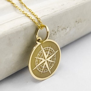 14K Solid Gold Compass Necklace, Personalized Compass Charm, Traveler ...