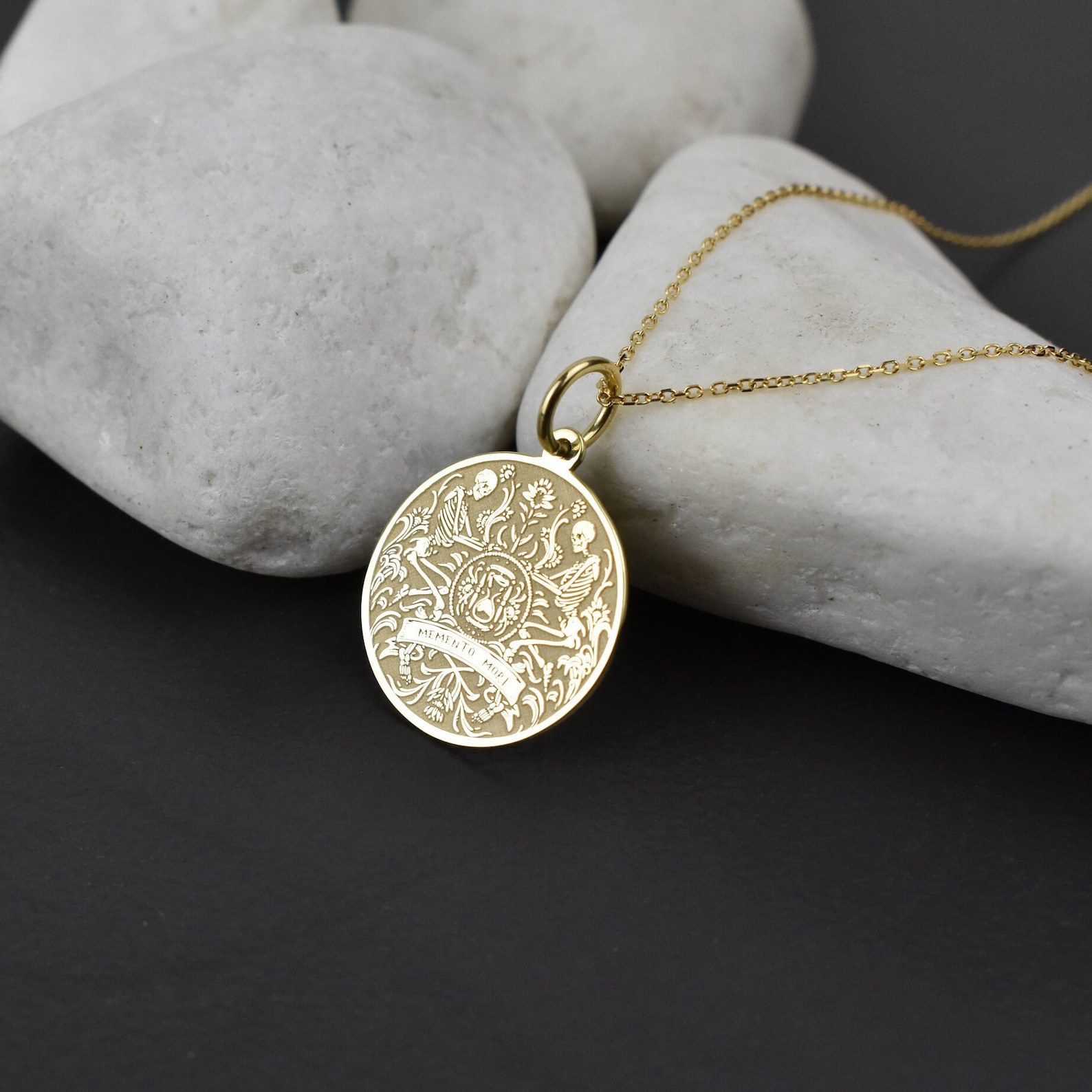 14K Solid Gold Memento Mori Necklace, Gold Skull Pendant, Memento Mori ...