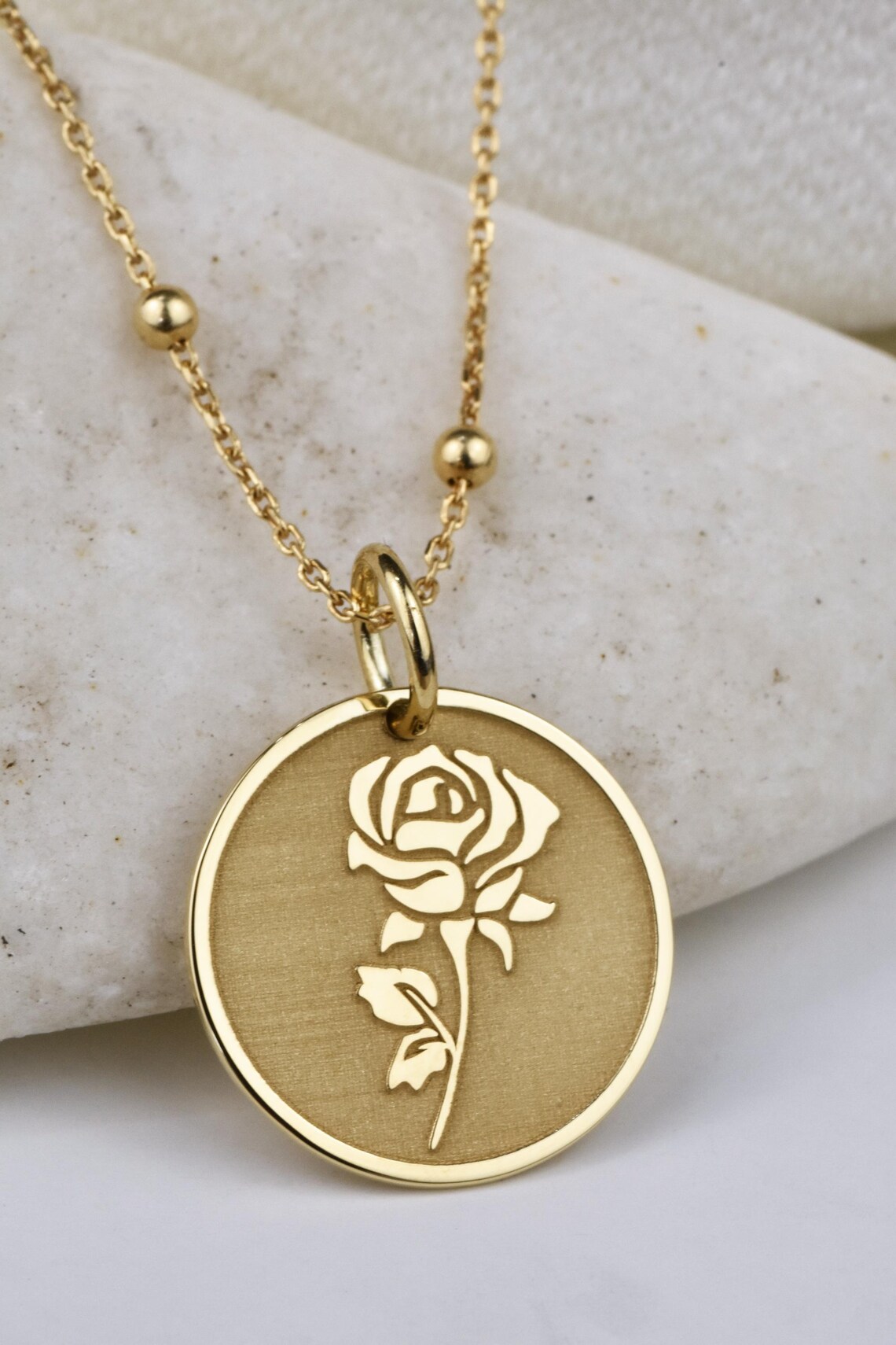 14K Gold Rose Flower Necklace, Dainty Rose Pendant, Birth Month Flower ...