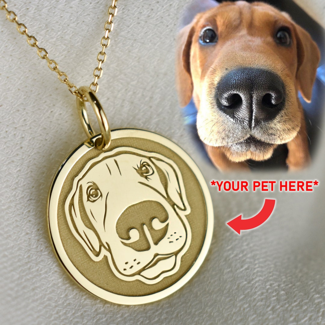 14K Gold Custom Pet Photo Necklace, Engraved Dog Necklace, Pet Memorial ...
