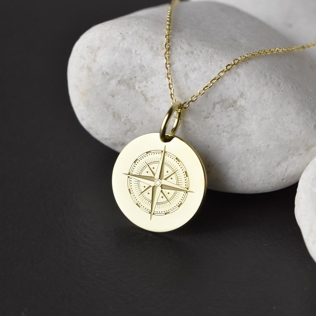 14K Solid Gold Compass Necklace, Compass Jewelry, Guidance Pendant ...