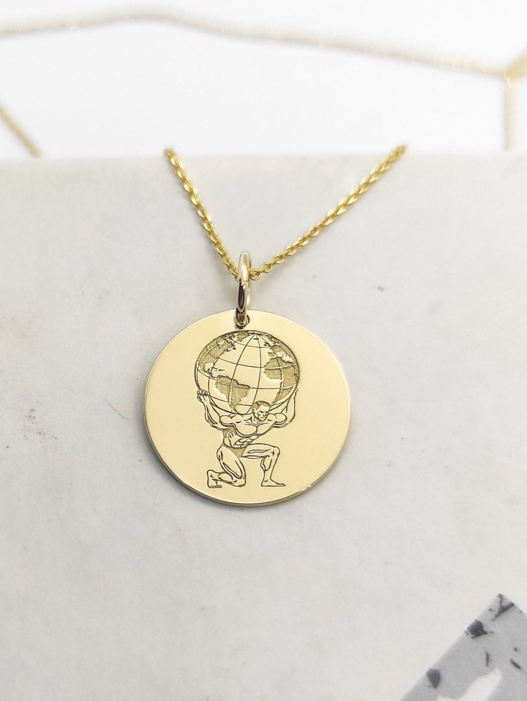 14K Solid Gold Atlas Necklace, Gold Atlas Holding the World Pendant ...