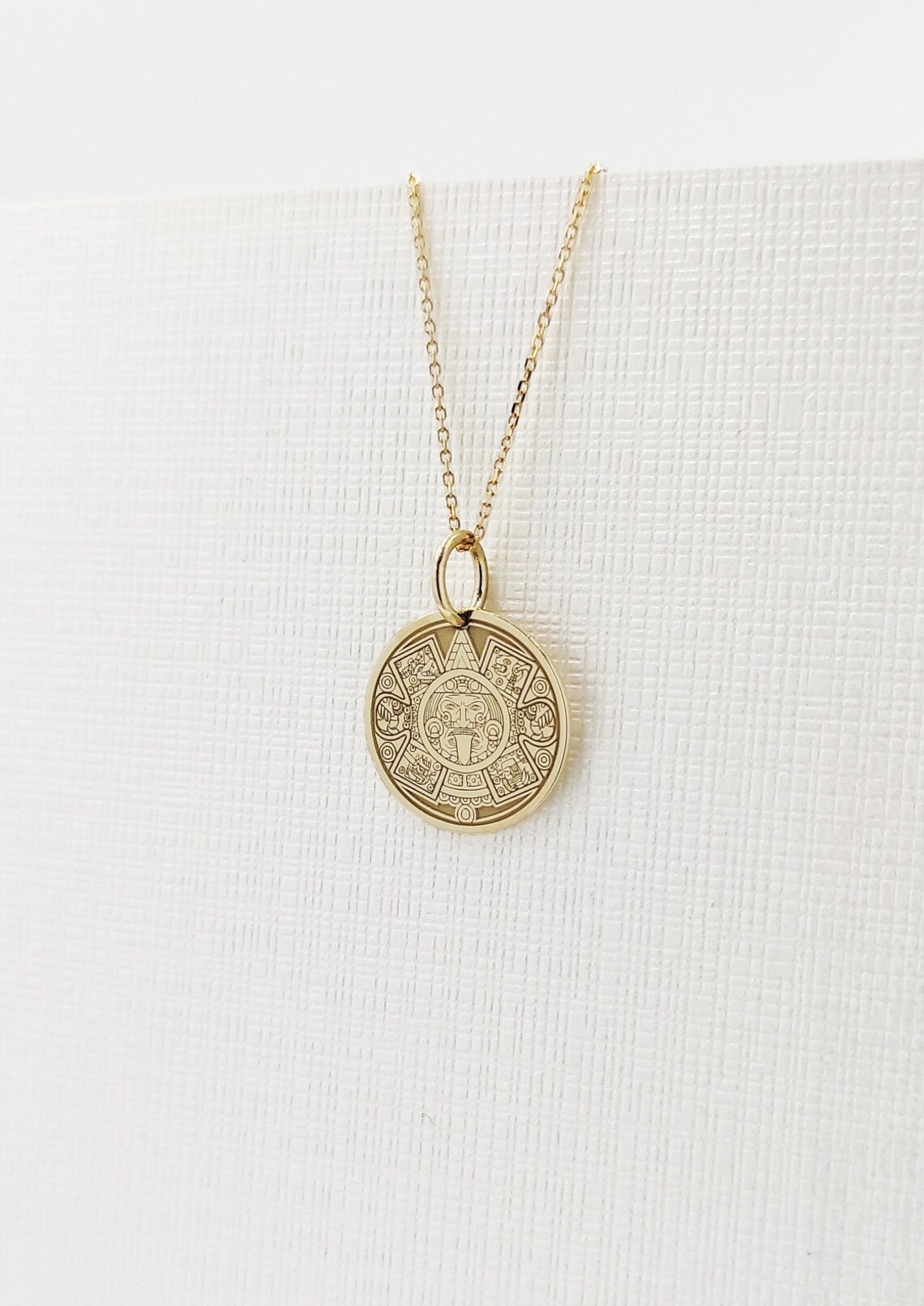 14K Solid Gold Aztec Calendar Disc Necklace, Gold Mayan Sun Calendar ...
