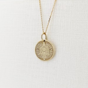14K Solid Gold Aztec Calendar Disc Necklace, Gold Mayan Sun Calendar ...