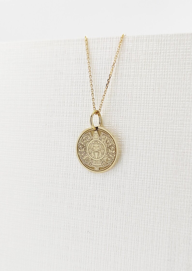 14K Solid Gold Aztec Calendar Disc Necklace, Gold Mayan Sun Calendar ...