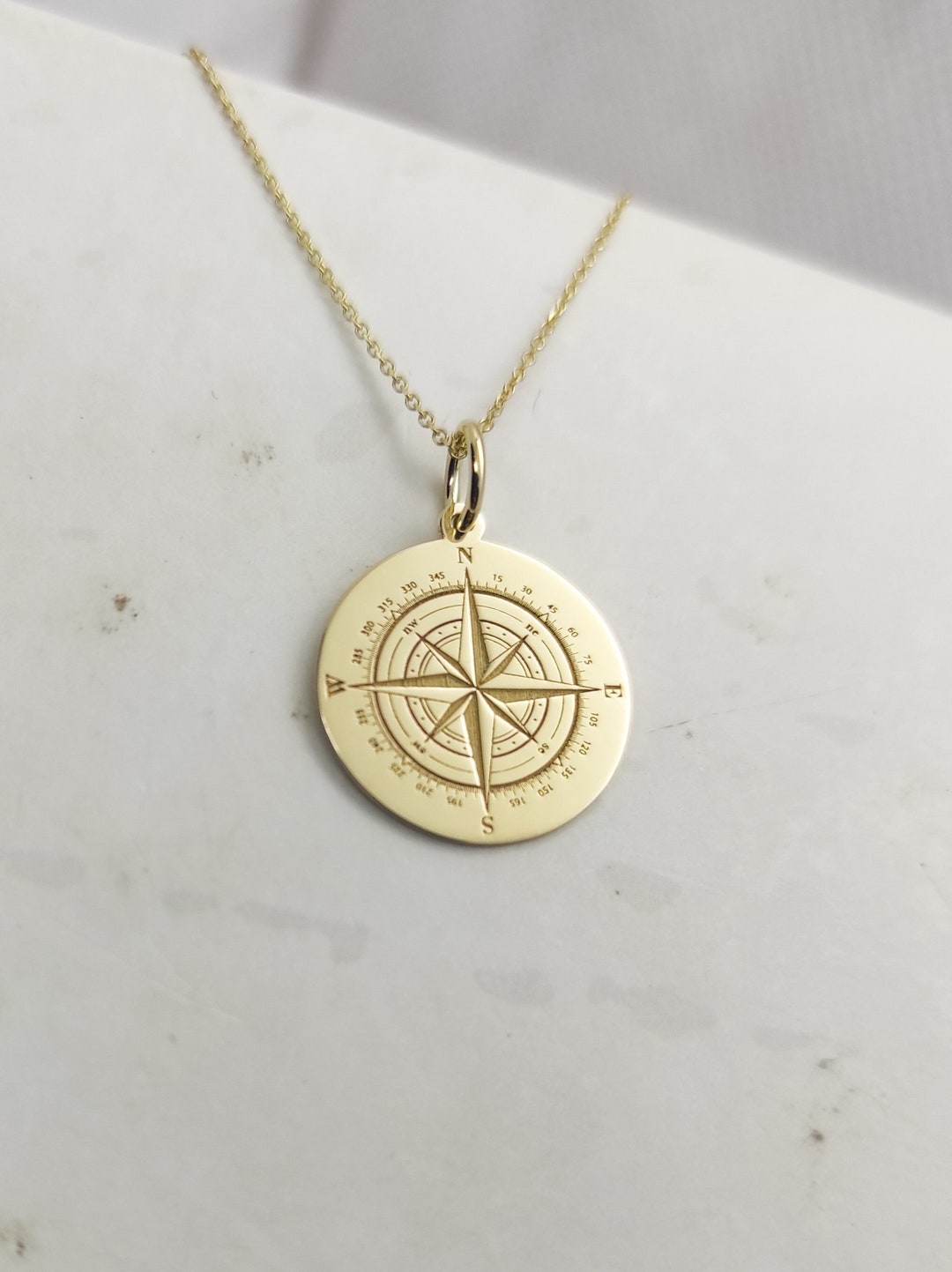 Gold Compass Pendant, Engraved Compass Jewelry, 14K Solid Gold Charm ...