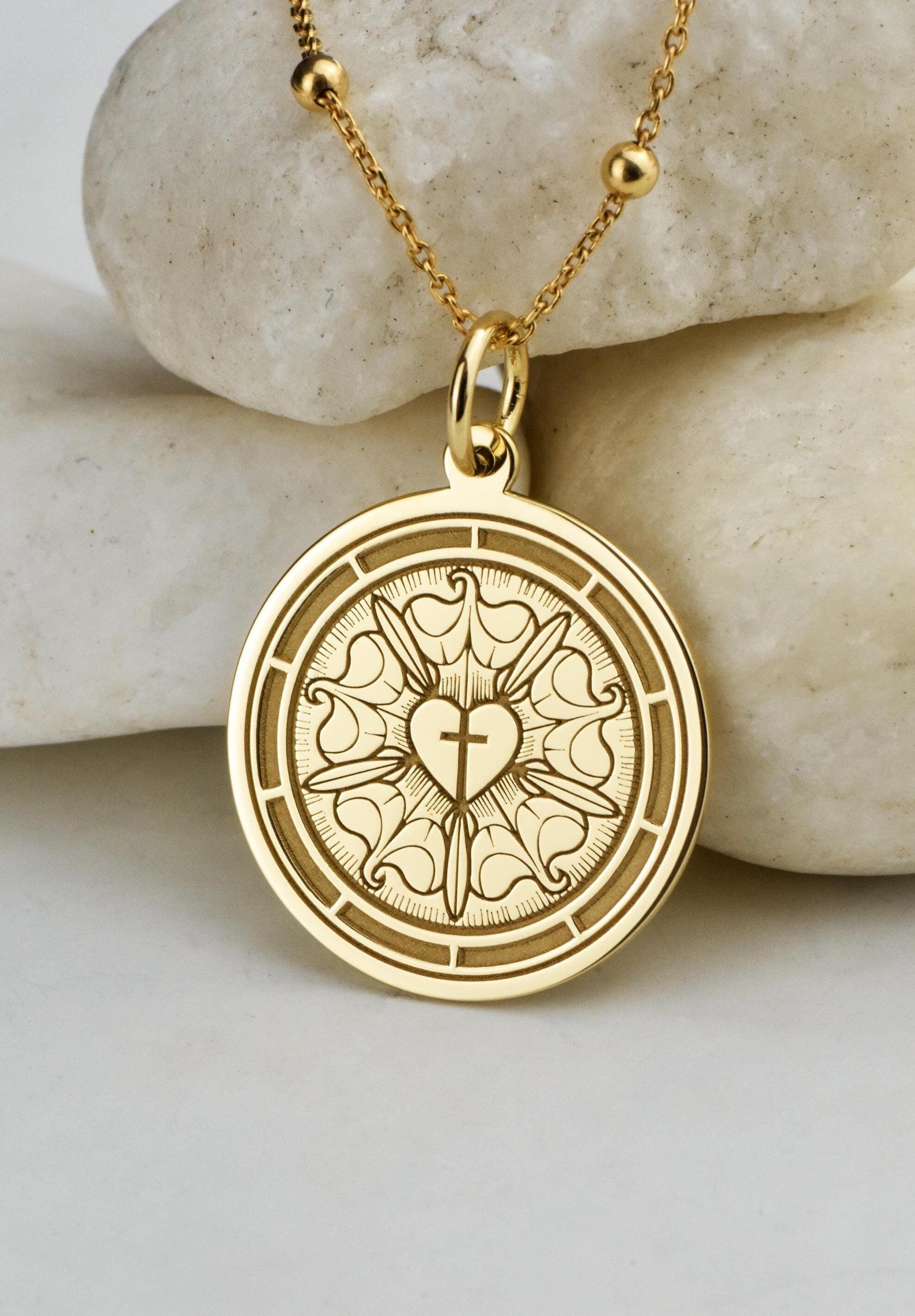 14K Solid Gold Luther Rose Necklace, Lutheran Cross Pendant ...