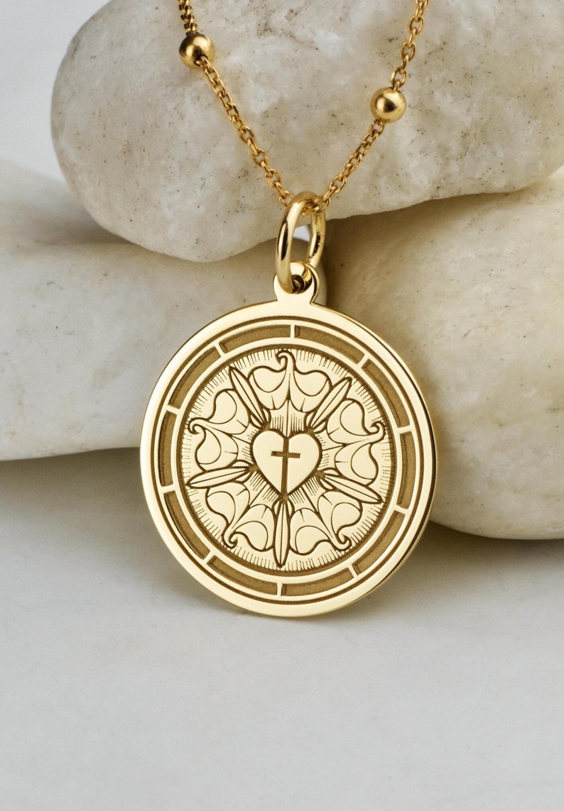 14K Solid Gold Luther Rose Necklace, Lutheran Cross Pendant ...